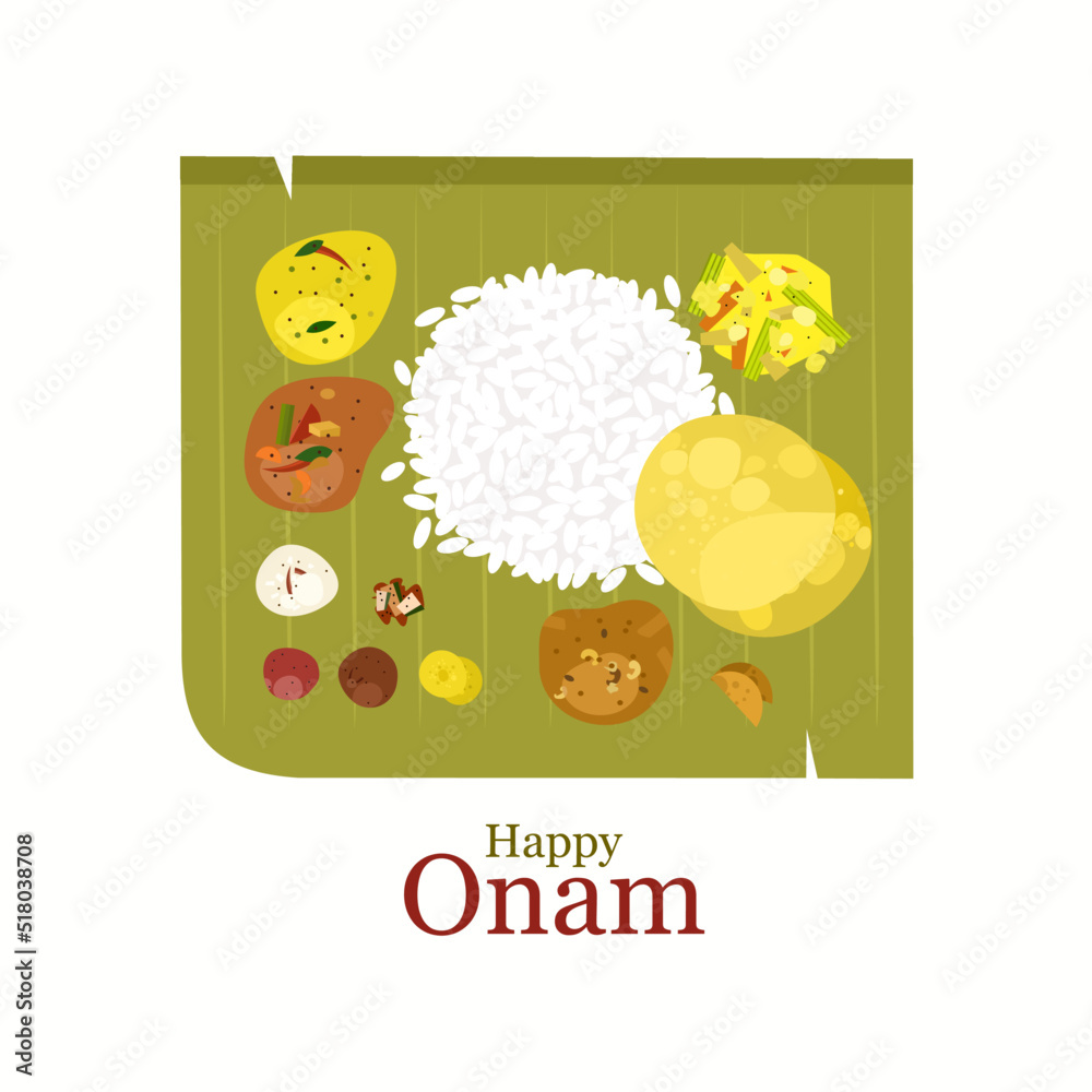 Illustration of traditional Kerala meals called 'Sadya' on a banana ...