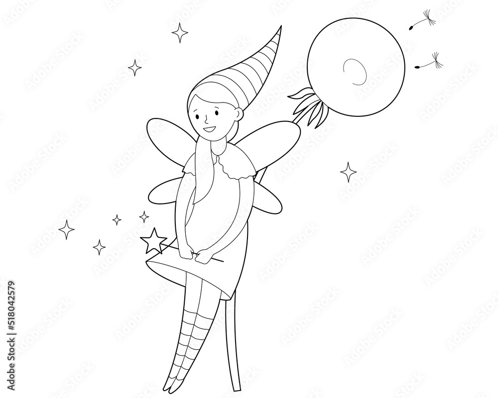 Fairy with a magic wand is standing by a dandelion. Contour linear ...
