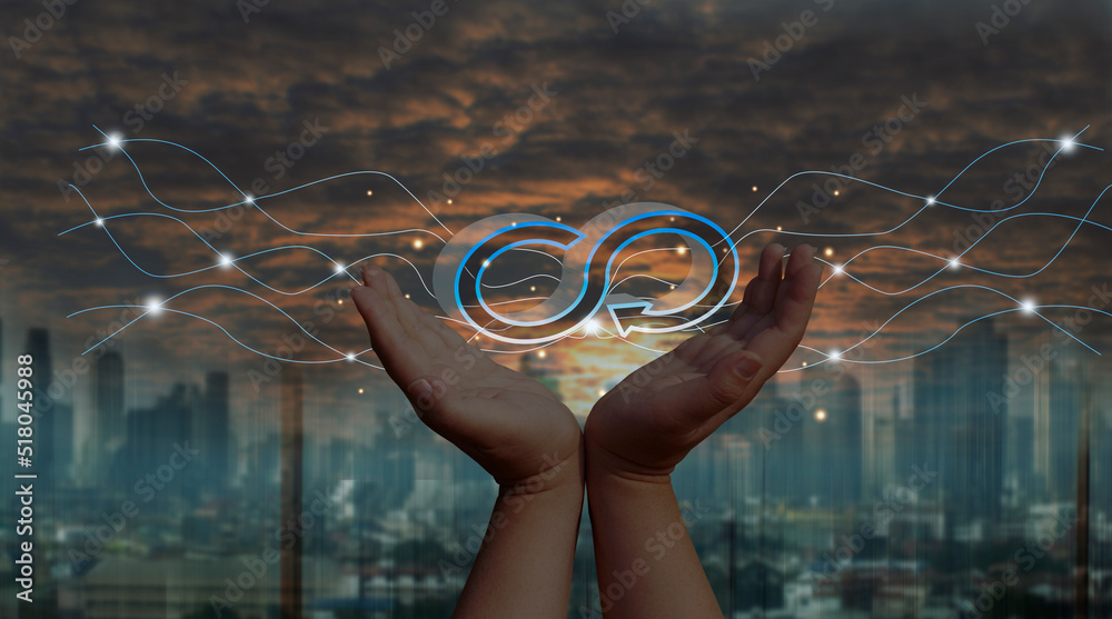 Circular economy symbol on icon Hands and big cities, endless circular ...