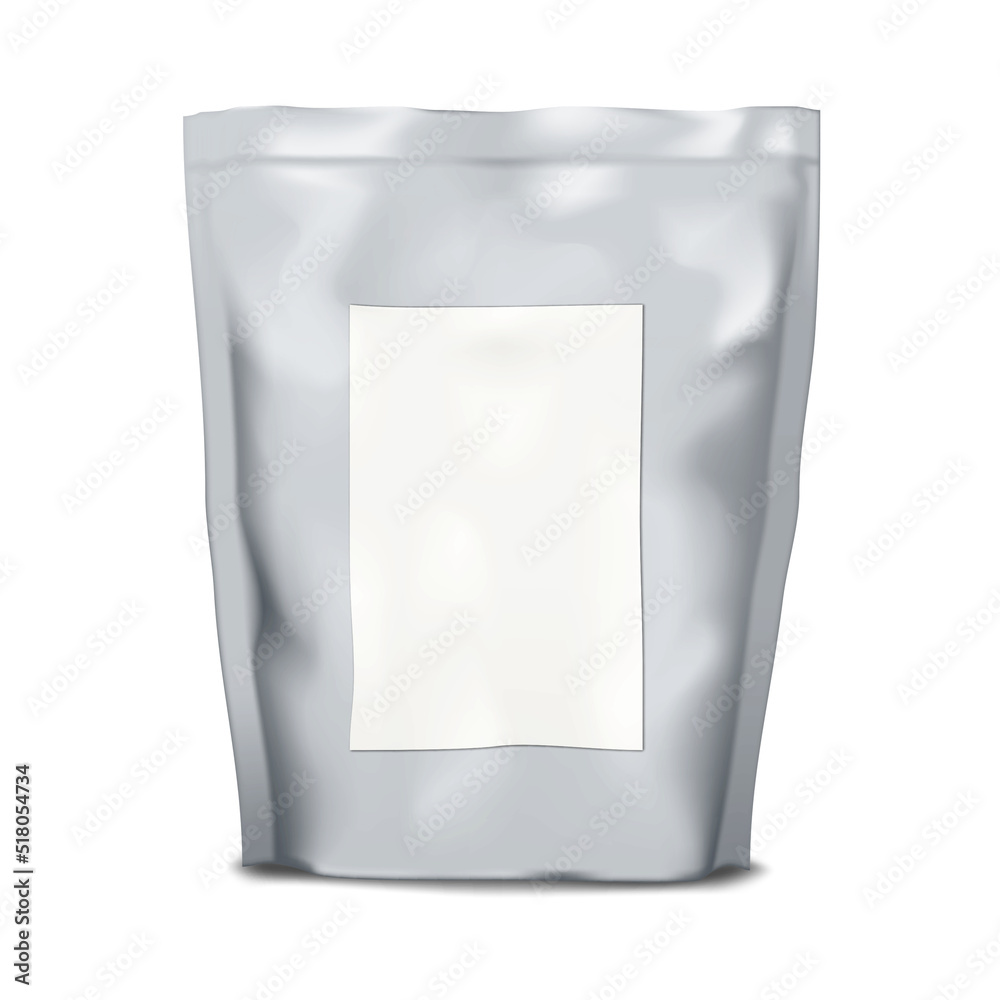 Retort stand-up pouch with white blank label sticker vector mock-up ...