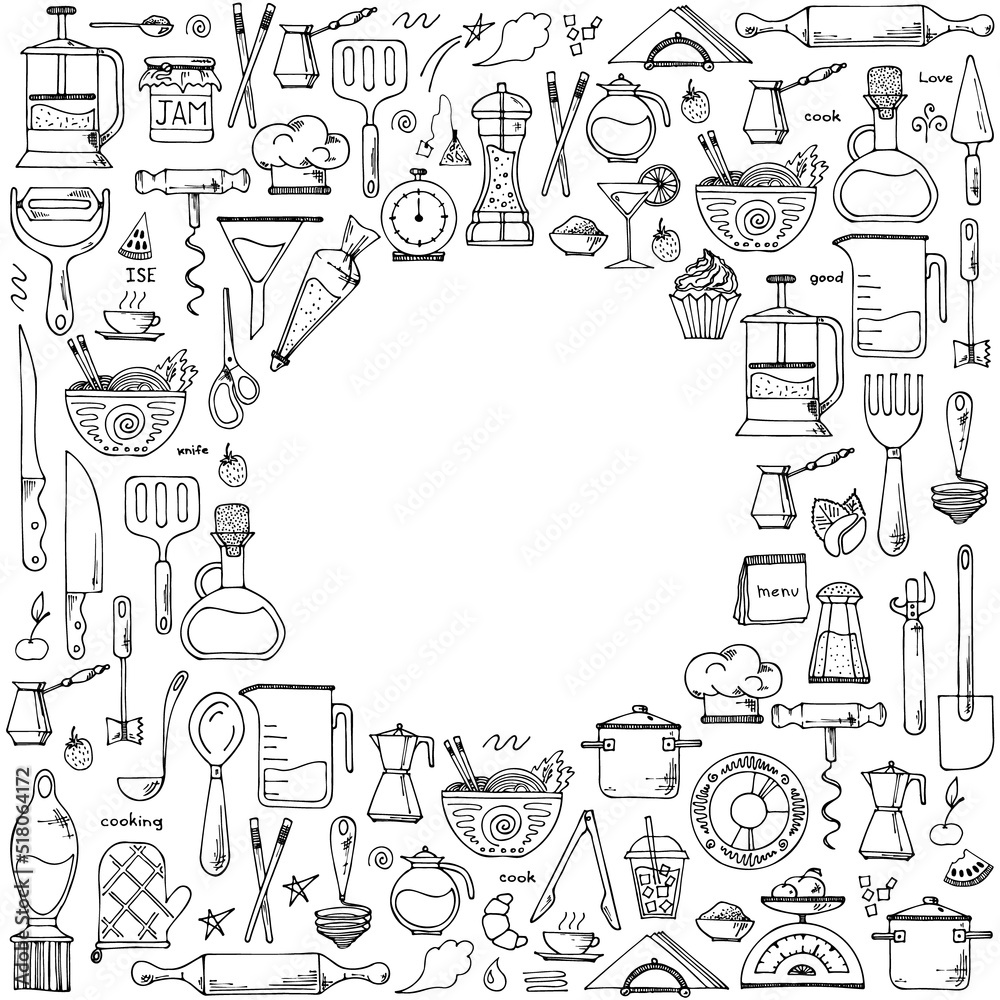 Vector circle background of kitchen tools. Hand drawn doodle cooking ...