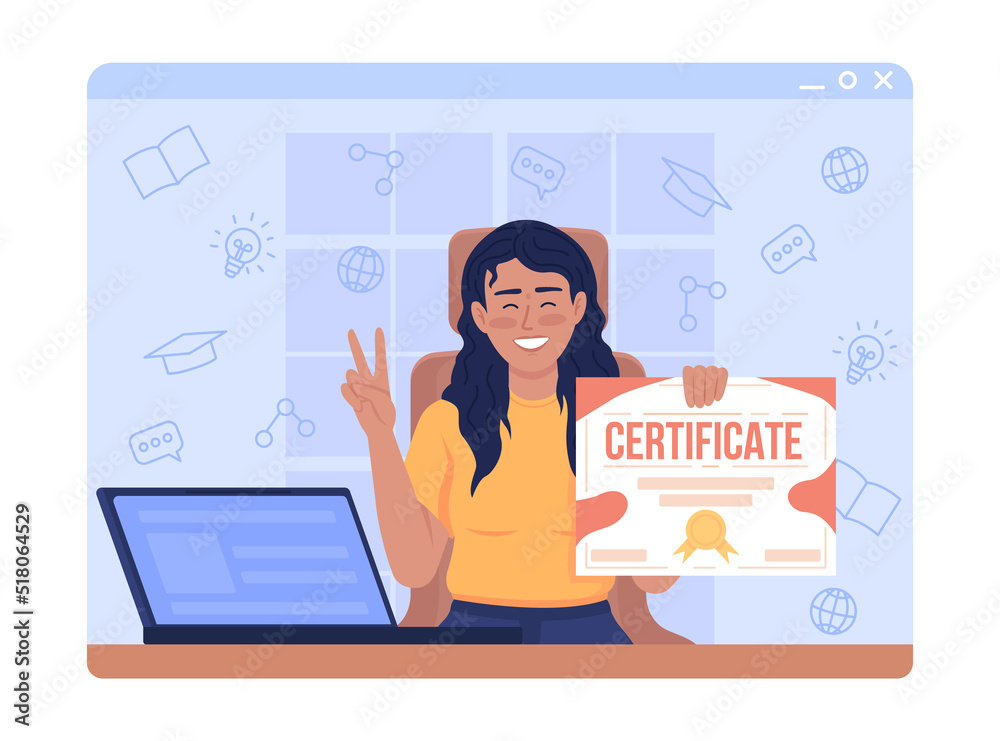 Smiling girl holding certificate 2D vector isolated illustration ...