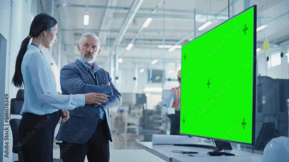 Factory Office Meeting: Chief Engineer Talking with Business Partner in ...