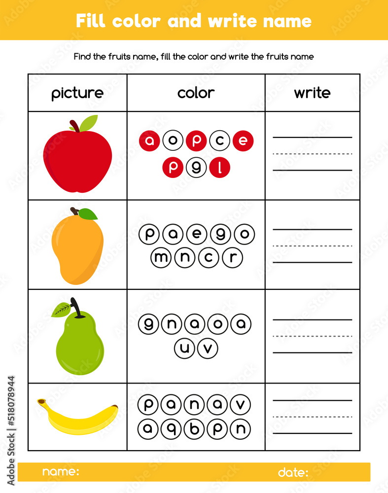 Educational spelling game for kids. Fill the color and write the fruits ...