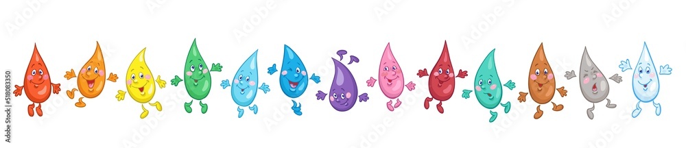 Set of funny bright drops. Different colors, poses and emotions. Banner ...