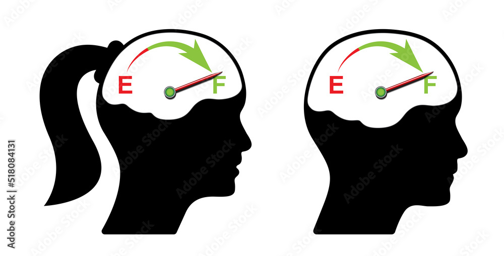 Woman and man head, brain with fuel gauge meter and red indicator ...