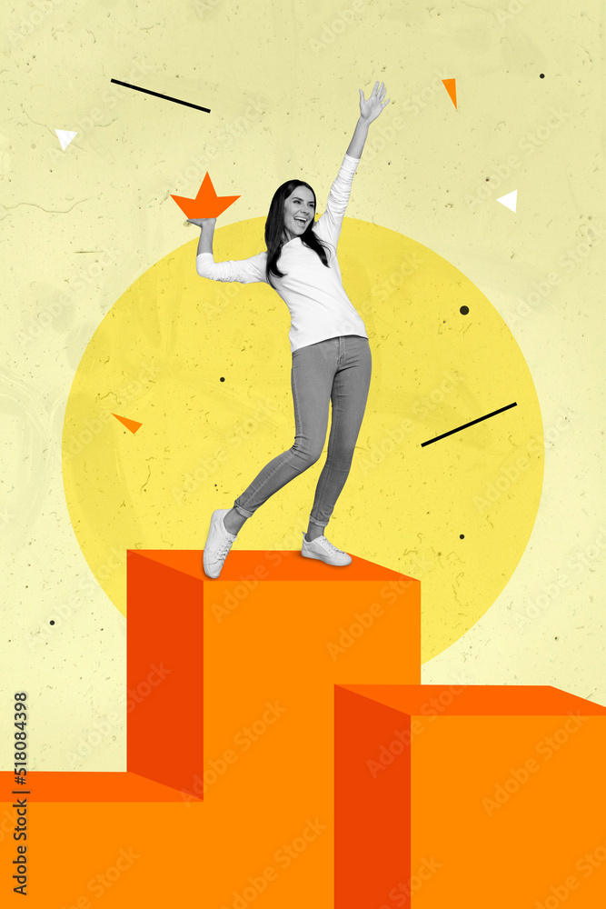 Vertical collage portrait of excited overjoyed girl black white effect ...