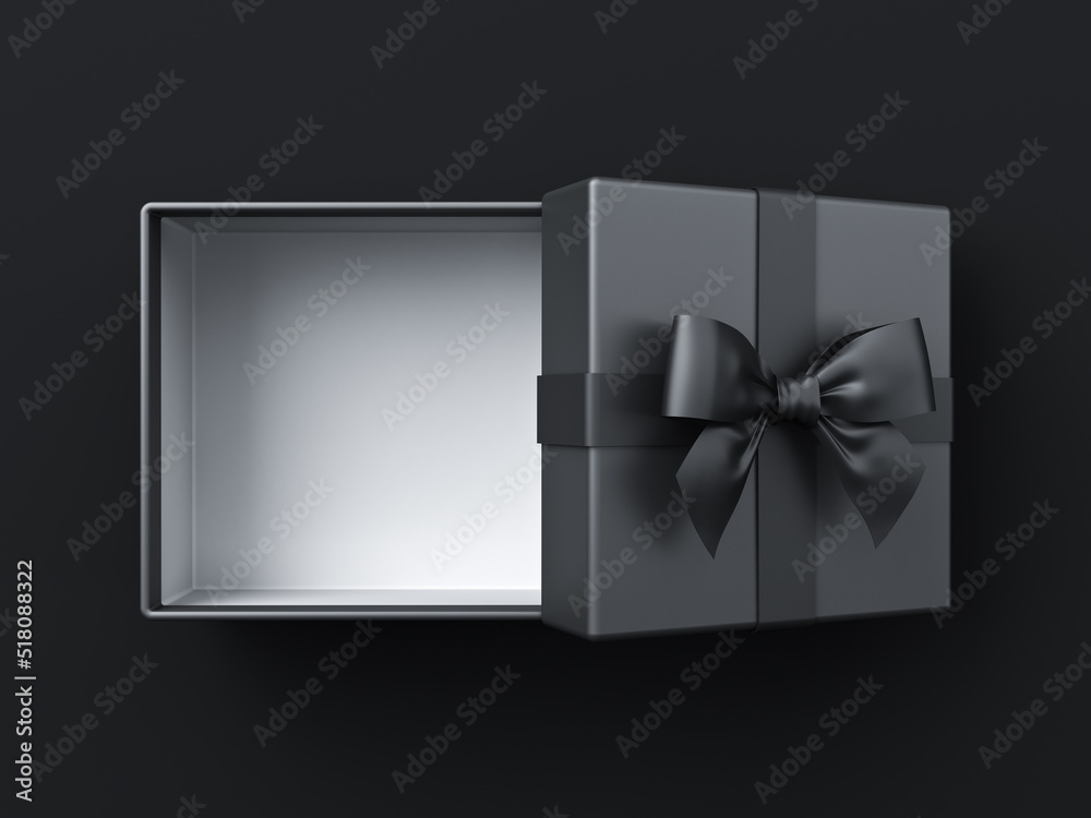 Blank black present box or open gift box with black ribbon and bow ...