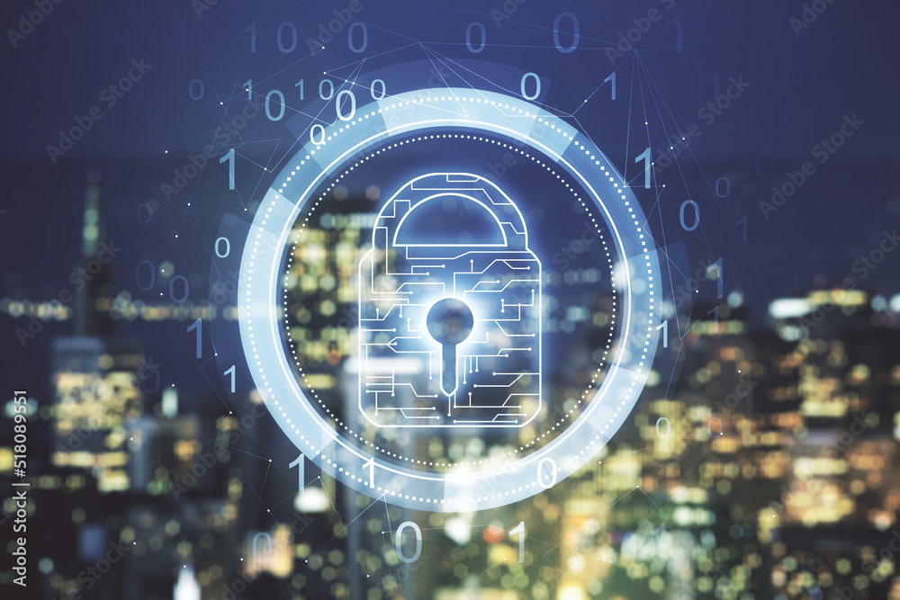 Virtual creative lock symbol and microcircuit illustration on blurry ...