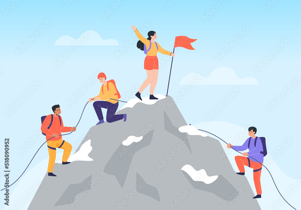 Woman and men climbing rope on snow mountain. Team of climbers with ...