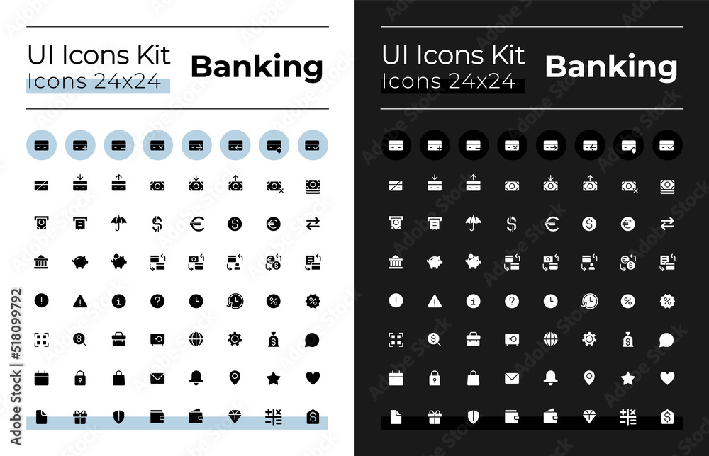 Banking glyph ui icons set for dark, light mode. Money transactions ...