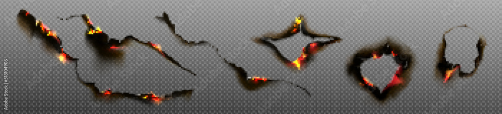 Burn paper holes and borders, burnt page with smoldering fire on ...