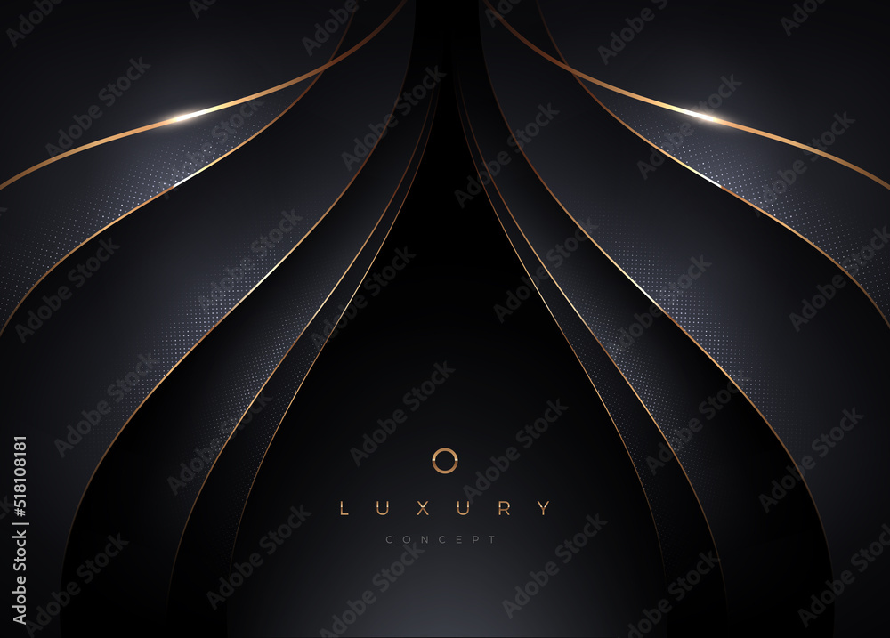 Black background with layered 3d abstract curve shape. Minimal luxury template design with gold ...