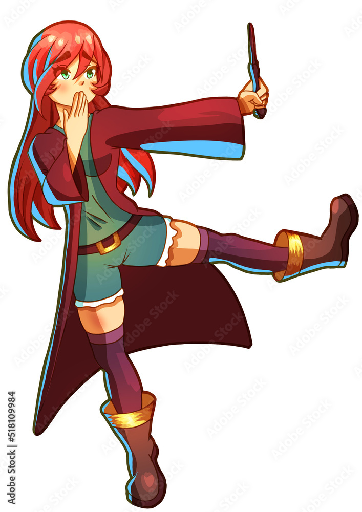 Cute Witch Girl Drawn In Cartoon Anime Style Embarrassedly Covers Her Mouth With Her Hand While