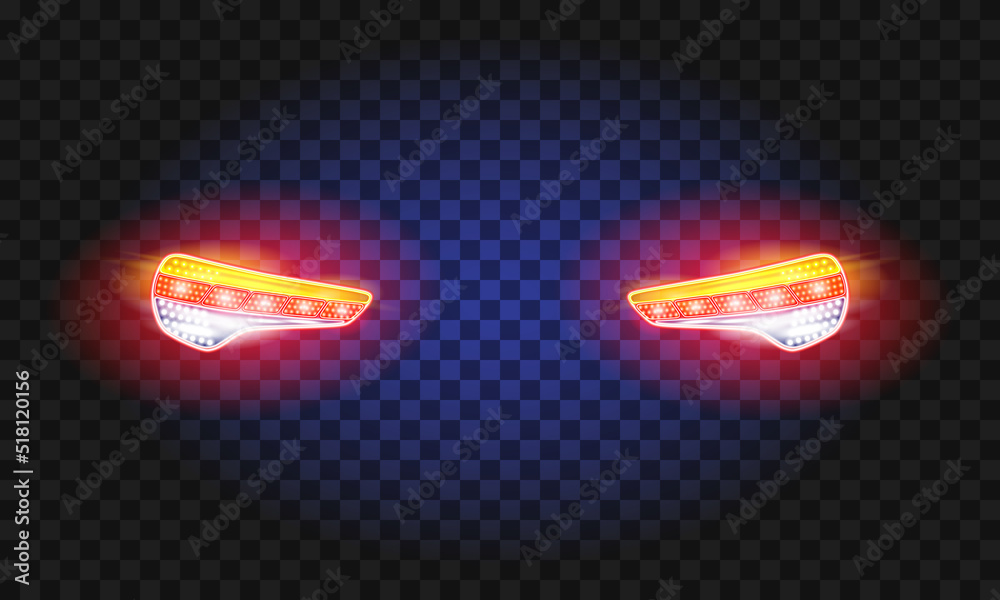 The headlights of a modern car. Bright red light from stop headlights ...