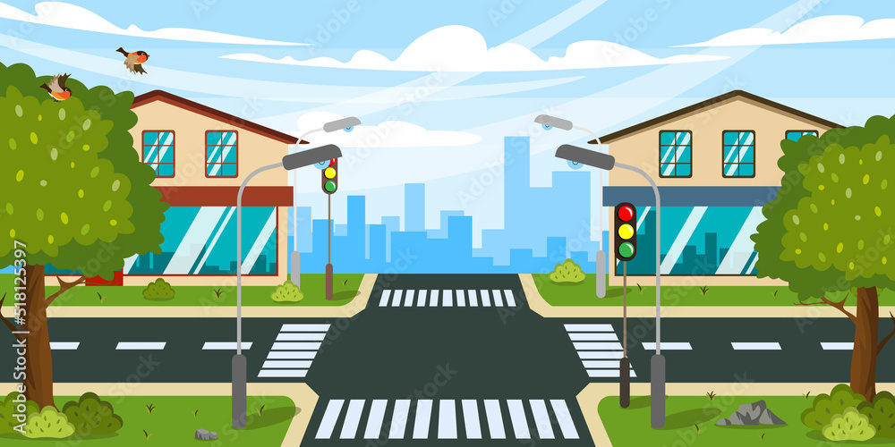 Vector illustration of a beautiful summer crossroads. Cartoon urban ...