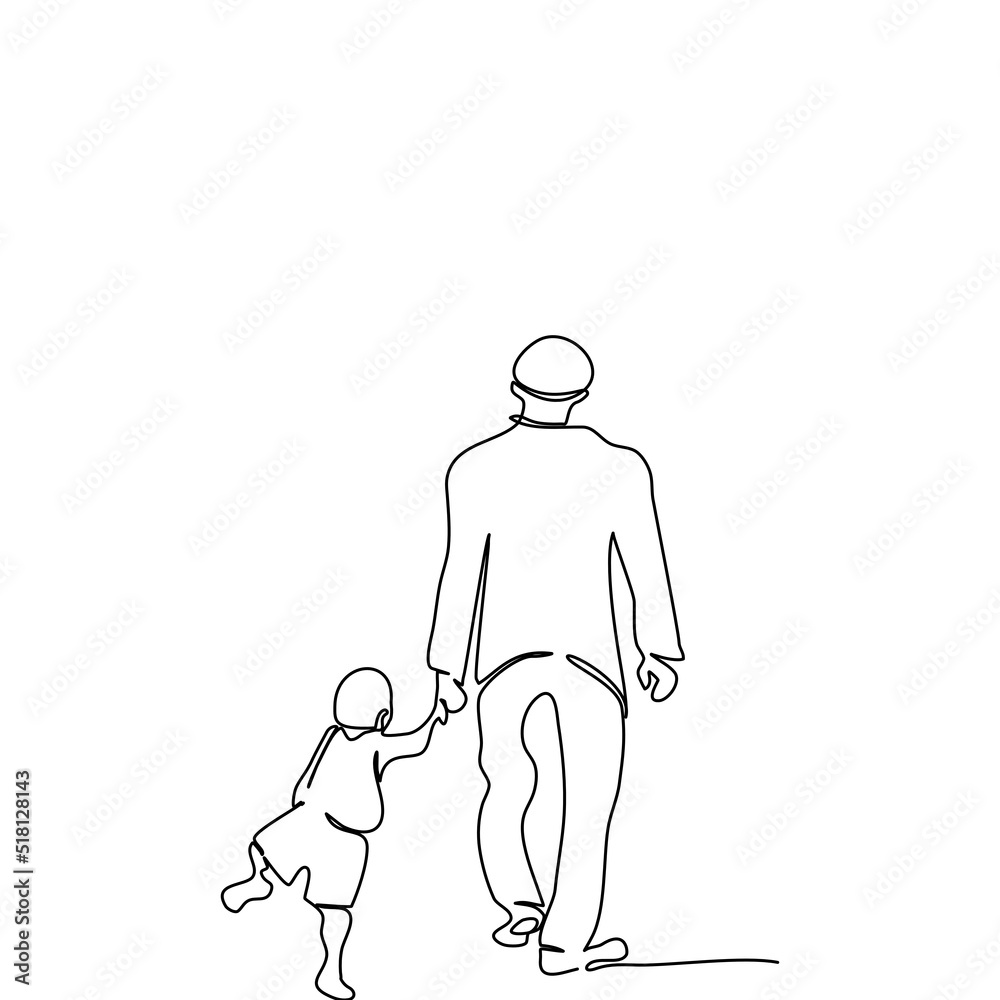 Vetor de Backside of Daddy and son walking together.Happy kid playing ...