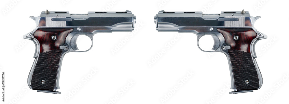 Short pistol, pistol, stainless steel automatic pistol gun, on white ...