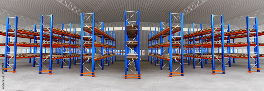 Empty warehouse. Storage room panoramic view. Three-tier warehouse ...
