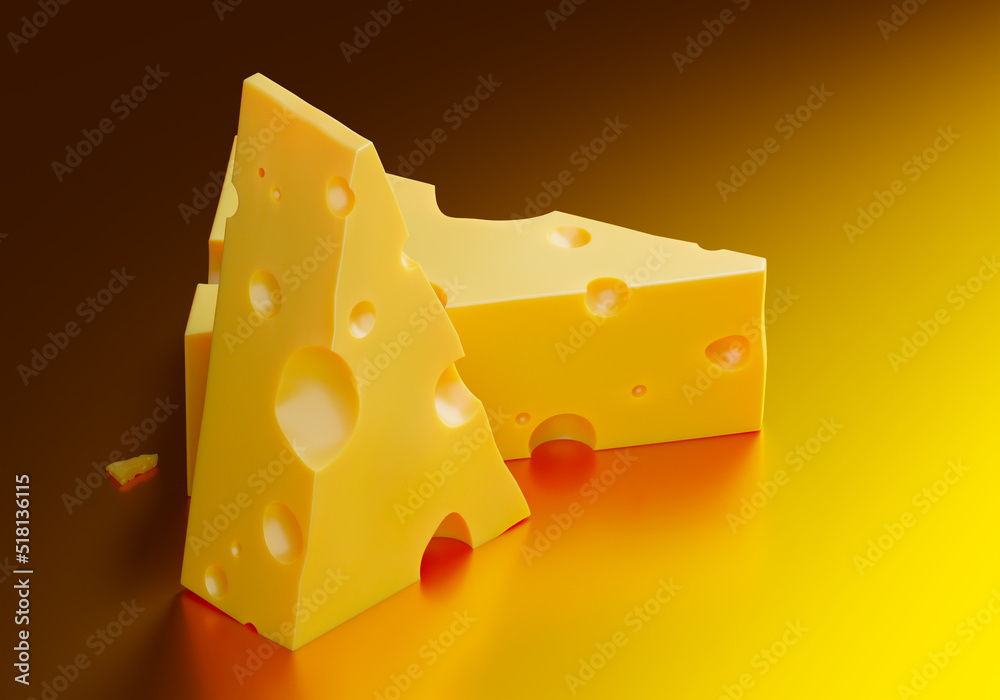 Two triangular slice cheese. Maasdam cheese pieces. Aerated cheese on yellow-brown gradient ...