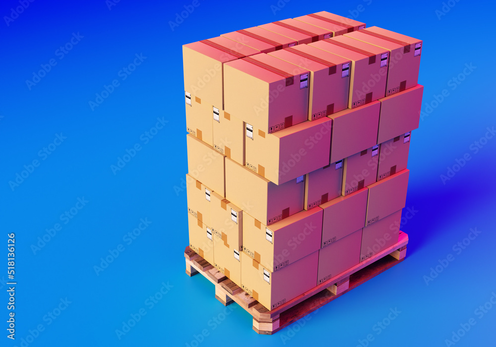 Boxes on pallets. Boxes with fragile goods on top of each other ...