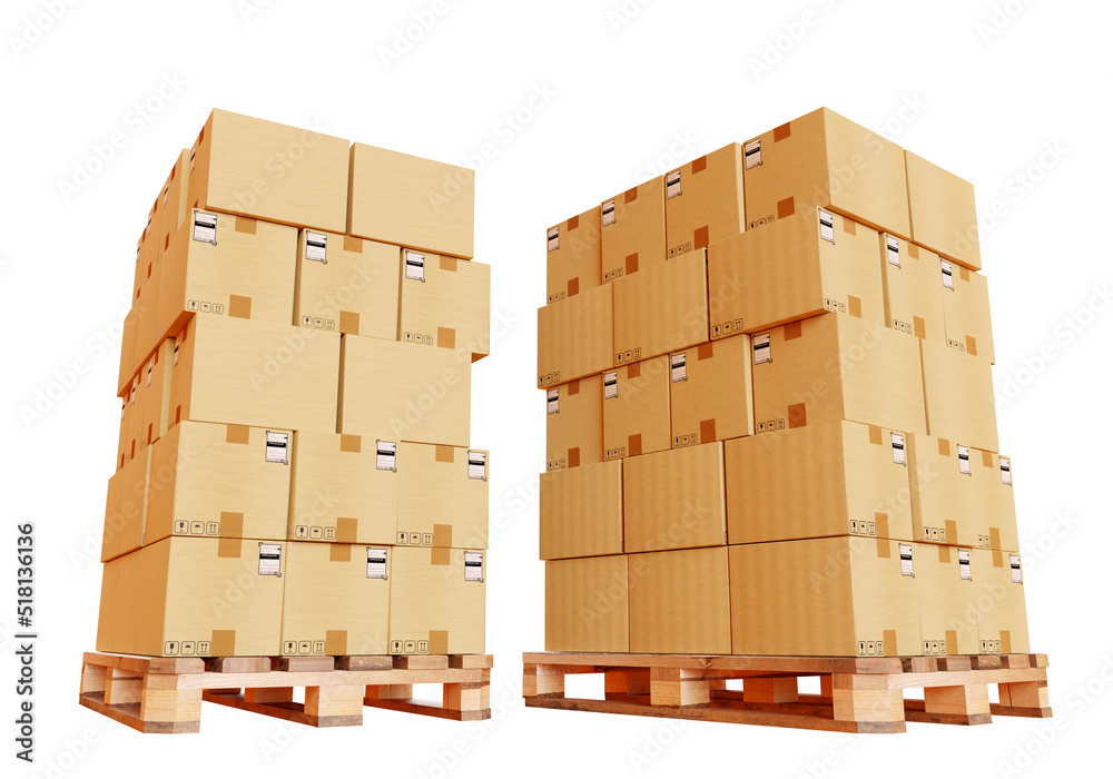 Courier business. Shipping boxes are stacked on pallets. Courier boxes ...