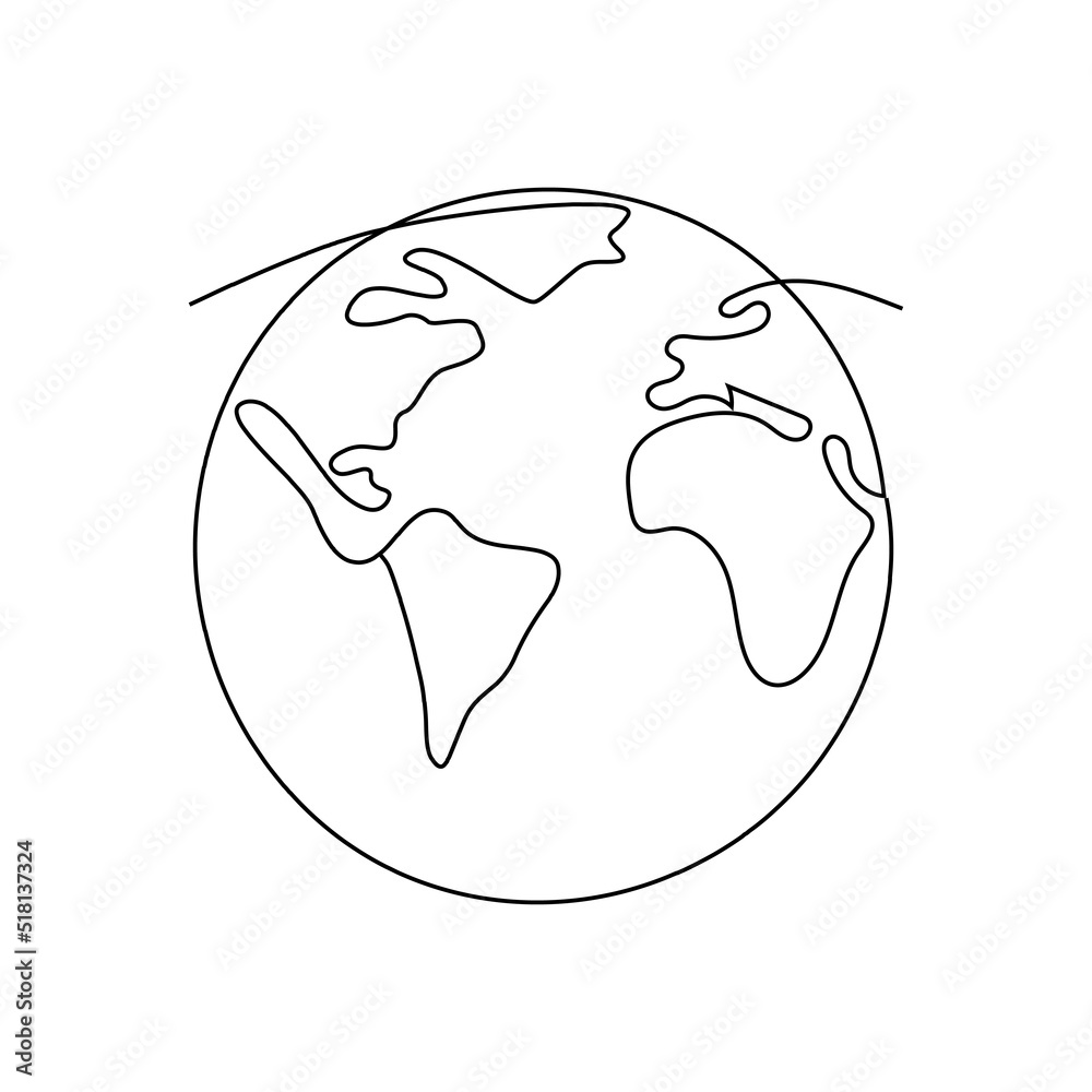 Single continuous one line drawing of globe sphere, planet Earth map ...