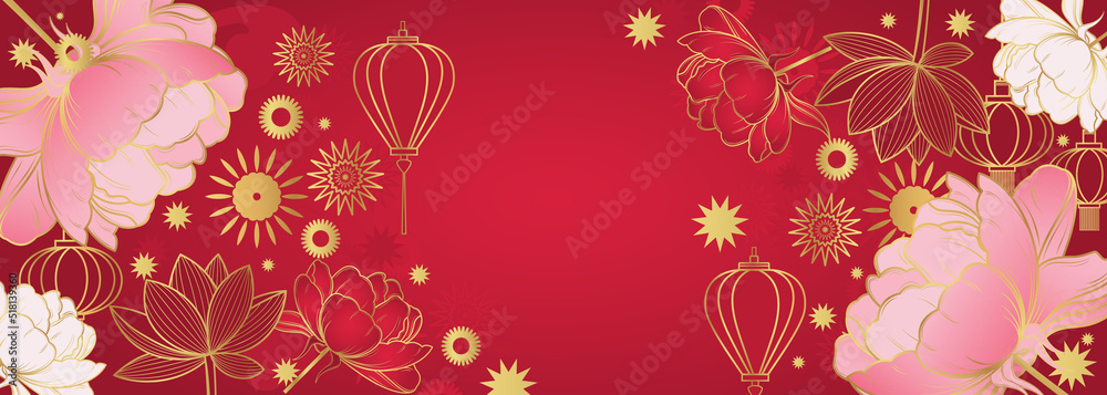 Vector banner on an Asian theme. Line art style. Chinese symbols. Stock ...