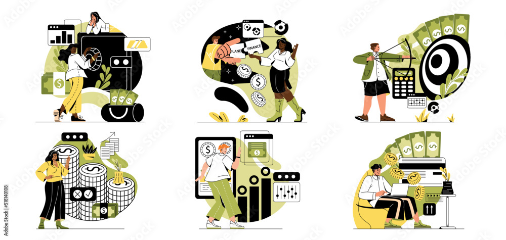 Set of people managing finances. Young men and women invest money ...