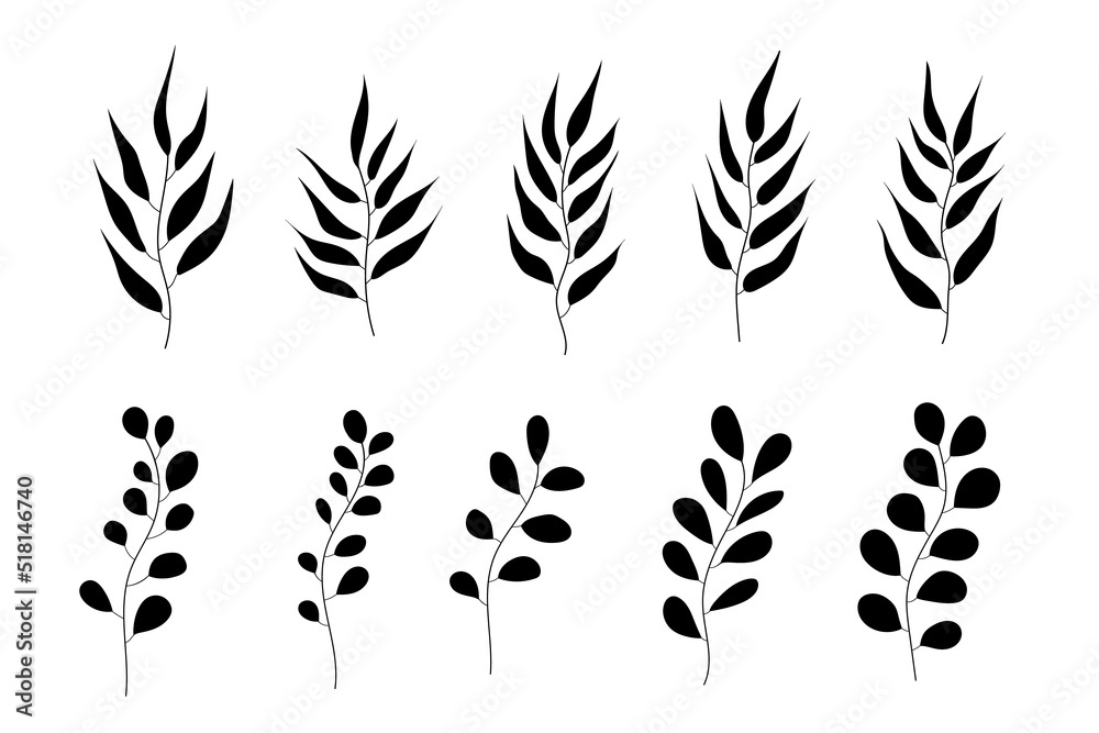 Simple floral vector drawing icons set. Set of leaves, herbs, branches ...
