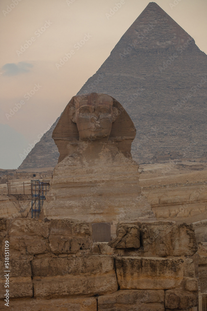 Landscape with Egyptian pyramids, Great Sphinx and silhouettes Ancient ...