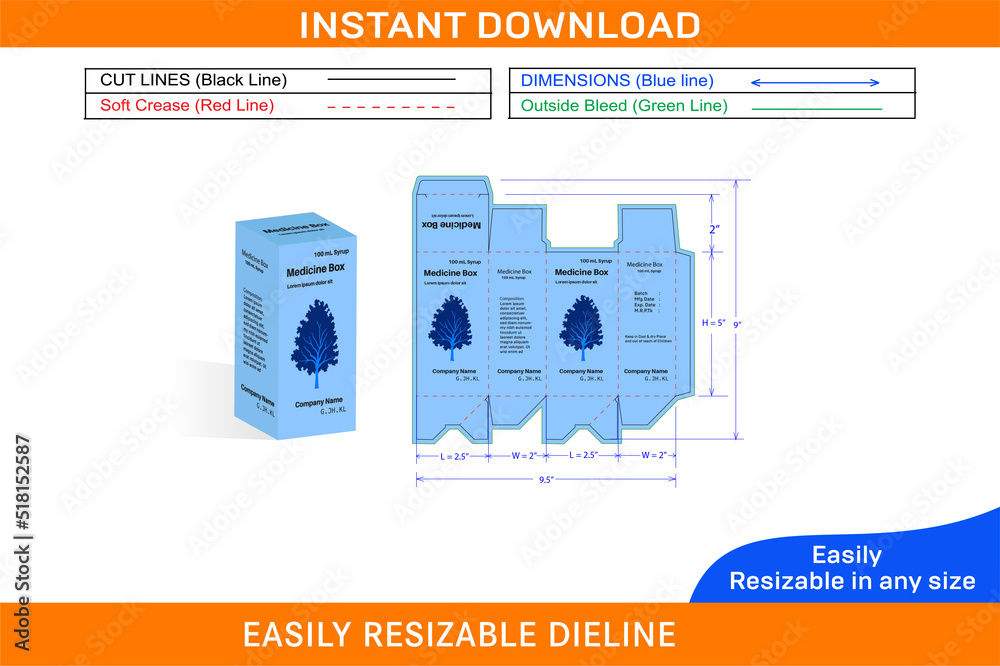 100ml syrup box packaging design template Box dieline and 3D box Stock ...