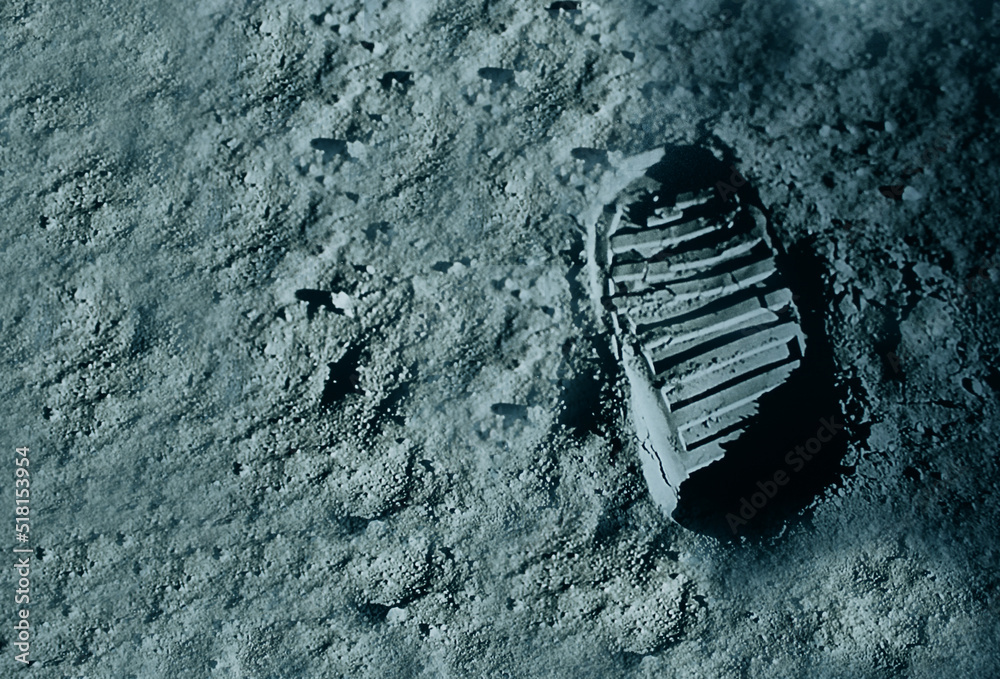 Buzz Aldrin's footprint on the moon. Astronaut's boot print on lunar moon landing mission. Moon ...