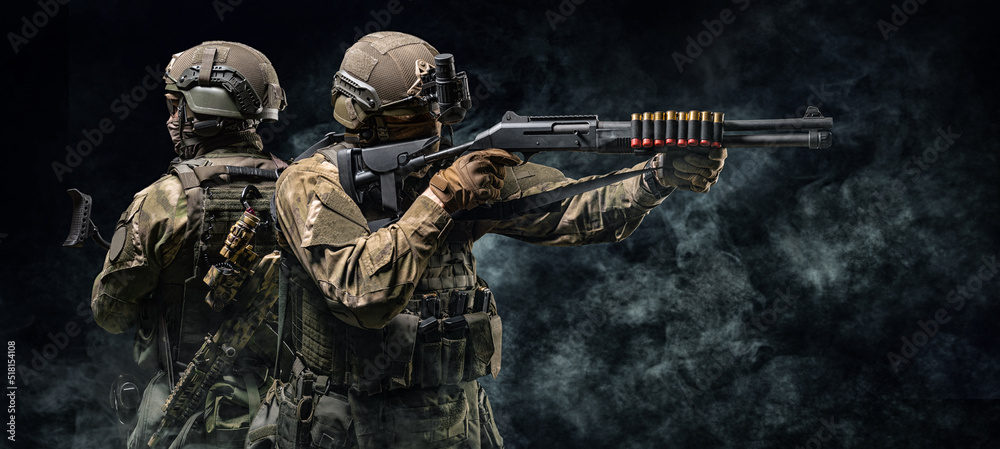 Armed special forces group on a dark background. Law and order ...
