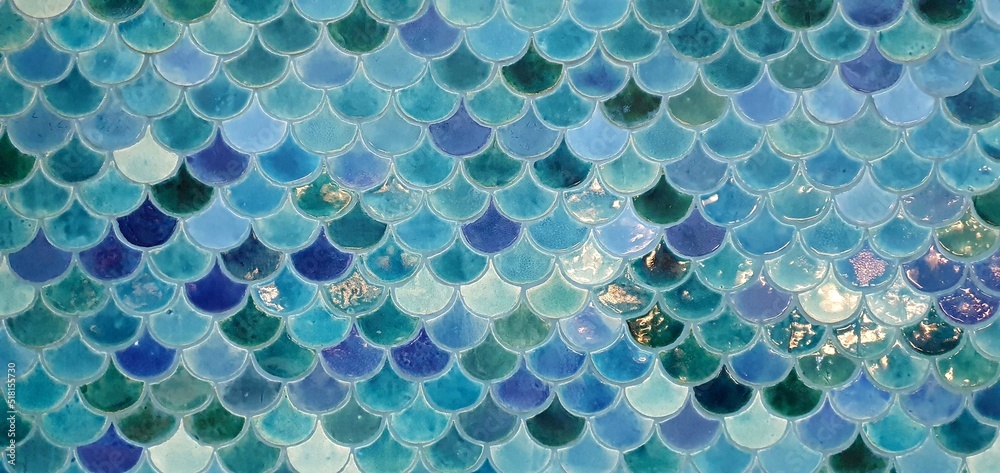 Beautiful mosaic tiles in a marine style. Tile with a sea pattern. Blue ...