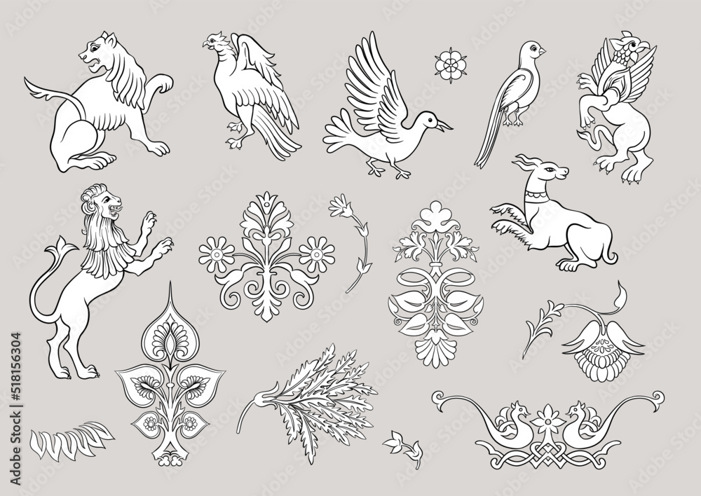 Byzantine traditional historical motifs of animals, birds, flowers and ...