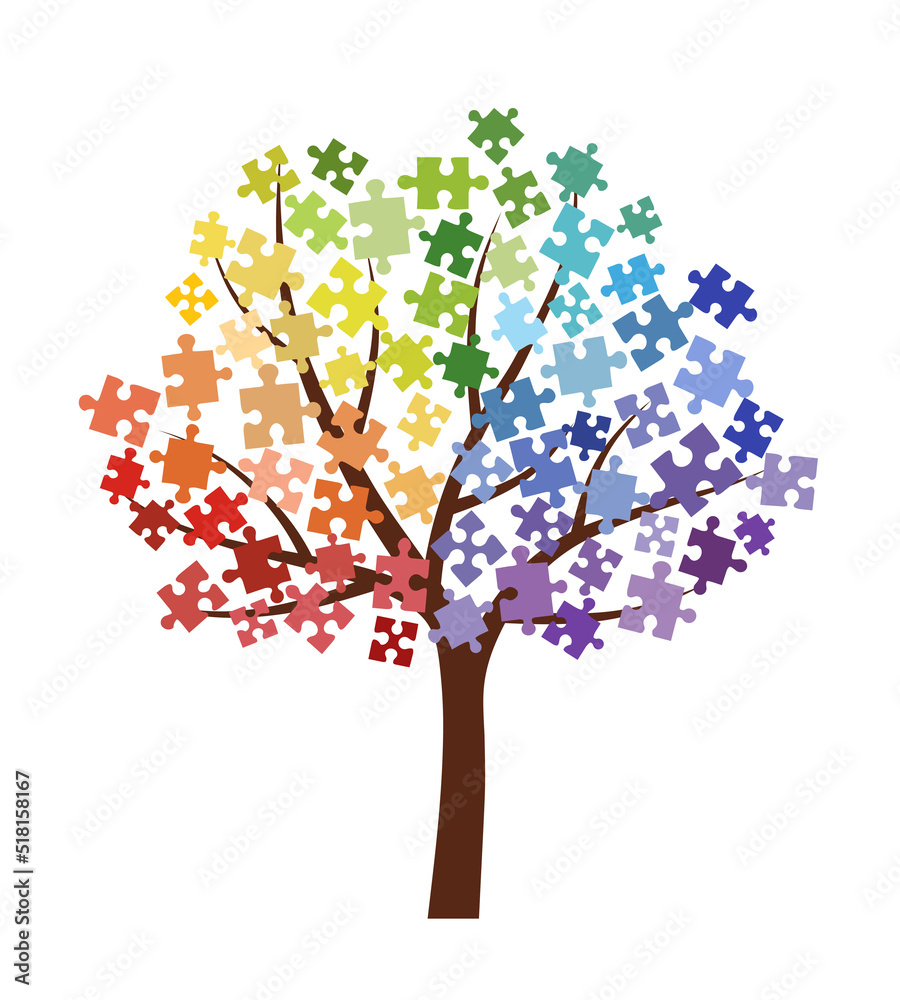 Abstract tree with leaves made of a multi color puzzles. Isolated on ...