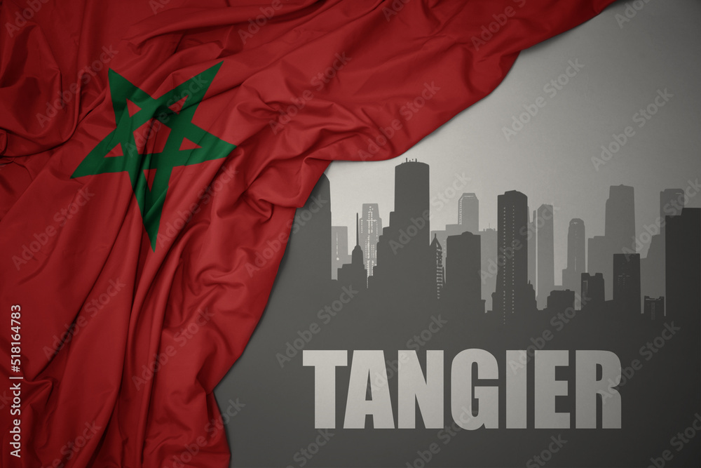 abstract silhouette of the city with text Tangier near waving colorful ...