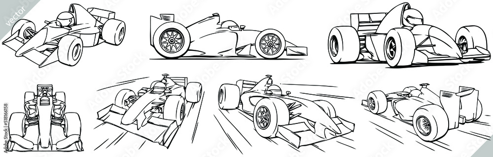 Linear isolated formula one set illustration ink sketch. Race car ...