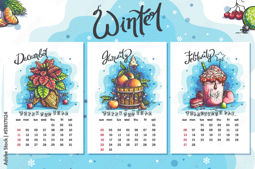 2022 Calendar Winter. Funny cartoon Euphorbia pulcherrima,, tub with ...