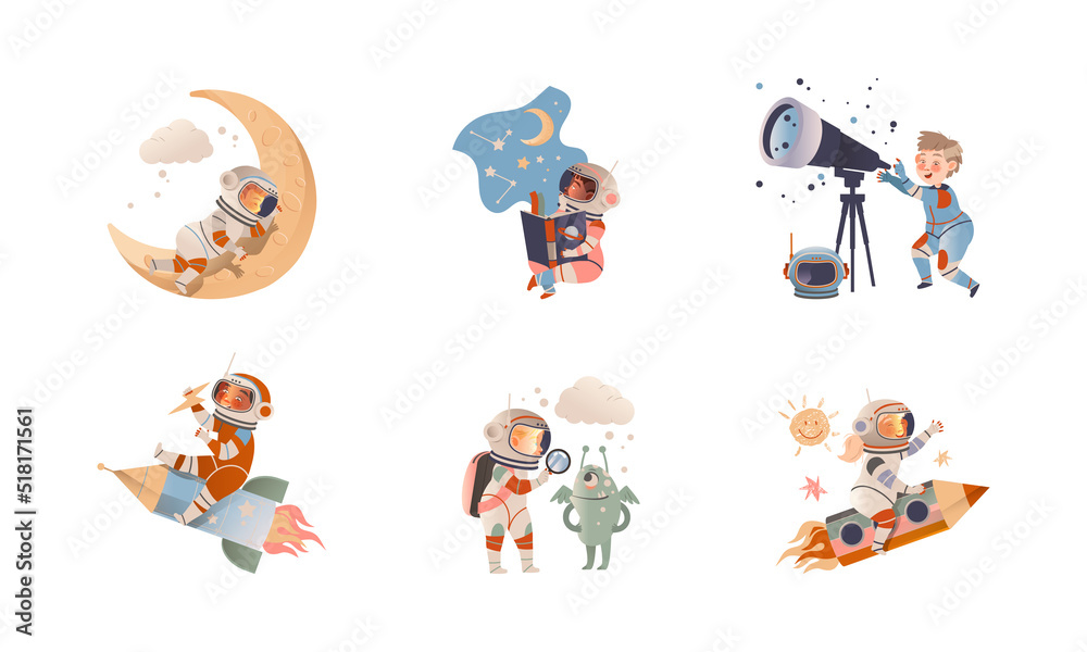 Preschool Kids On Flying On Rocket And Reading Books About Space Set