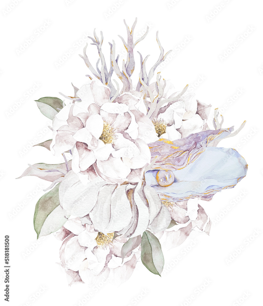 Watercolor nautical bouquet composition with flowers, seashell set with ...