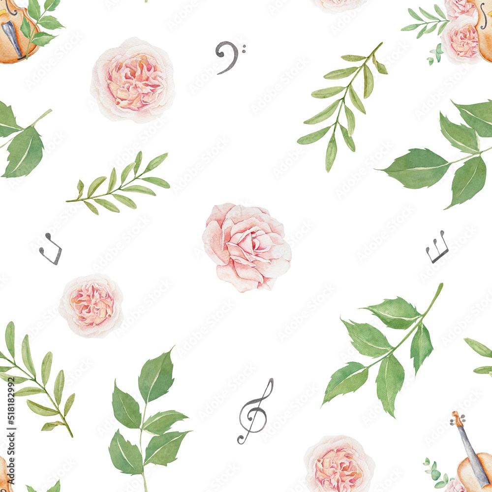 Watercolor vintage musical instruments with pink roses seamless pattern ...