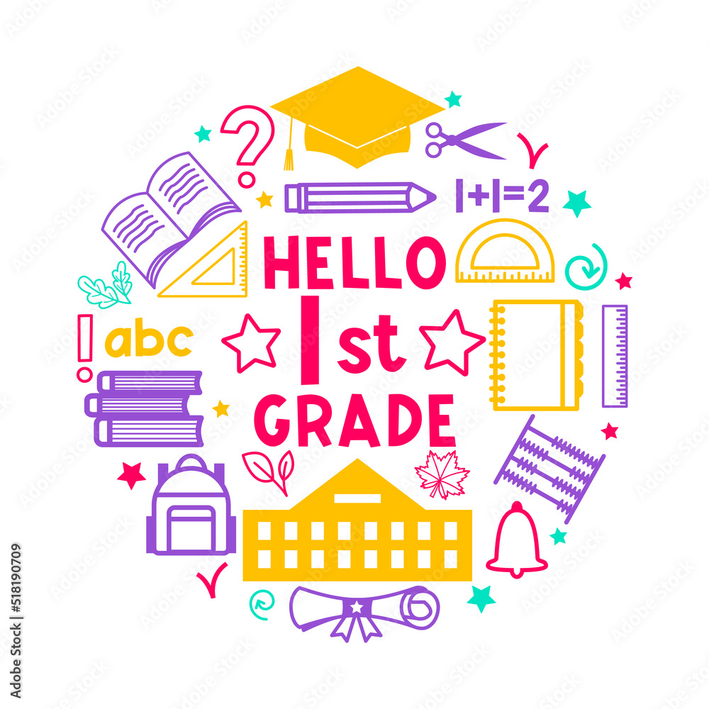 Hello 1st grade. Back to school. Vector flat illustration for design ...