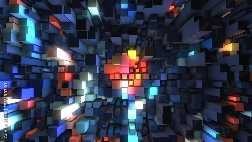 Animated neon background. Randomly moving puzzle, mosaic. 3d rendering ...