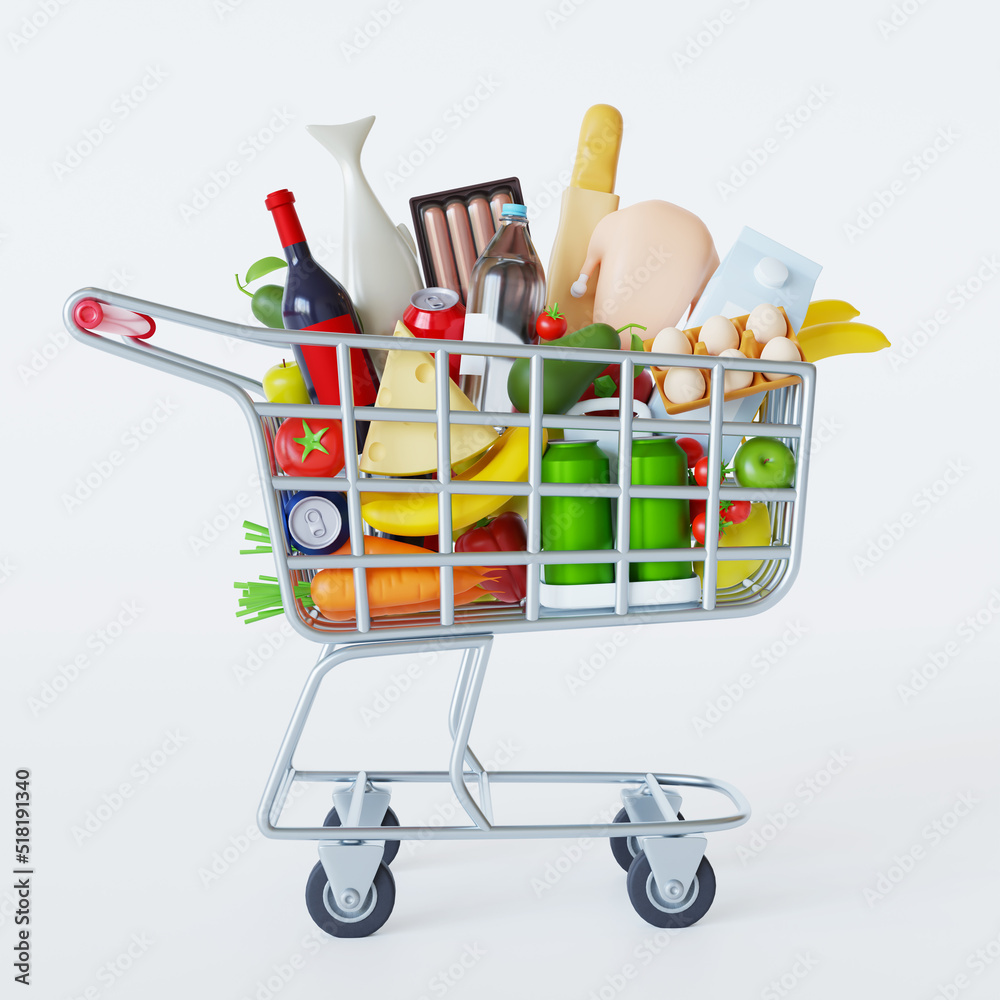 Shopping cart full of food isolated on white background. Grocery and ...