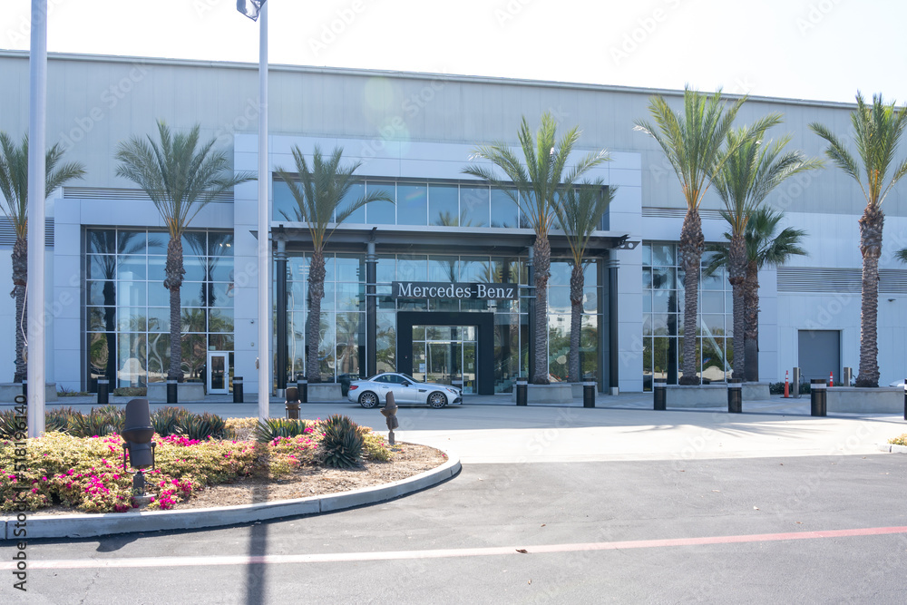 Long Beach, CA, USA - July 6, 2022: Mercedes-Benz facility is shown in ...