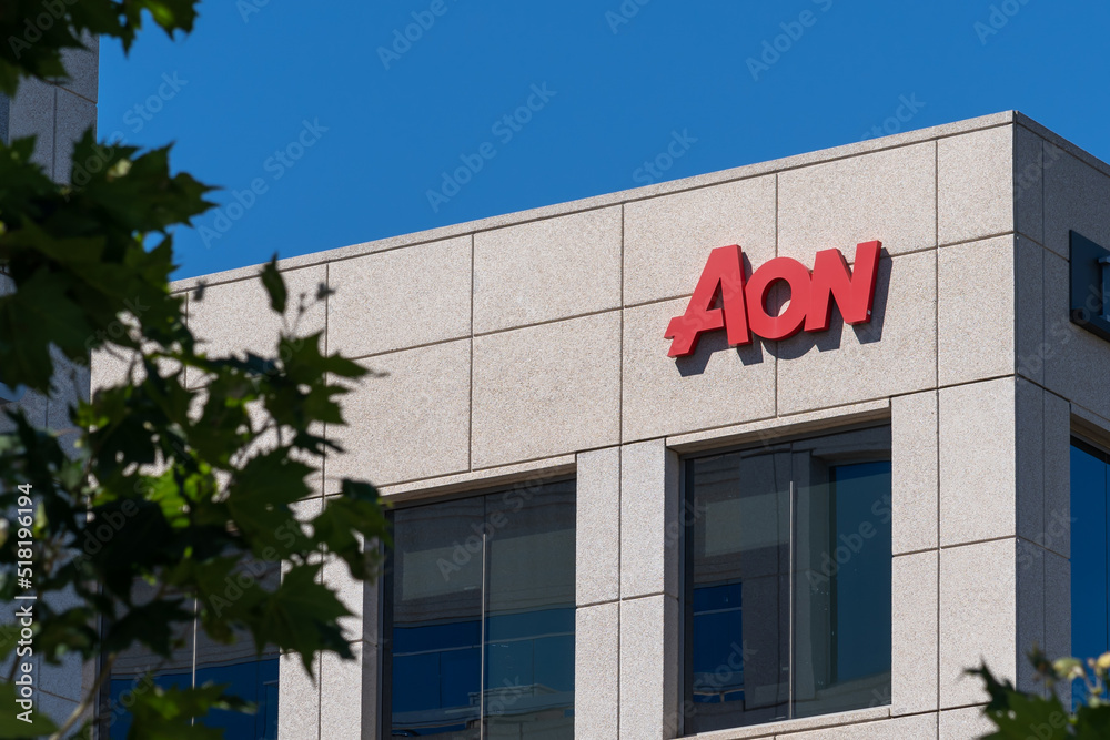 Irvine, California, CA, USA - July 10, 2022: Aon sign on its office ...