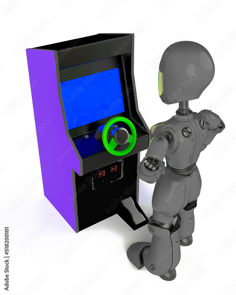 robot gir lwith a retro arcade videogame cabinet driving in white ...