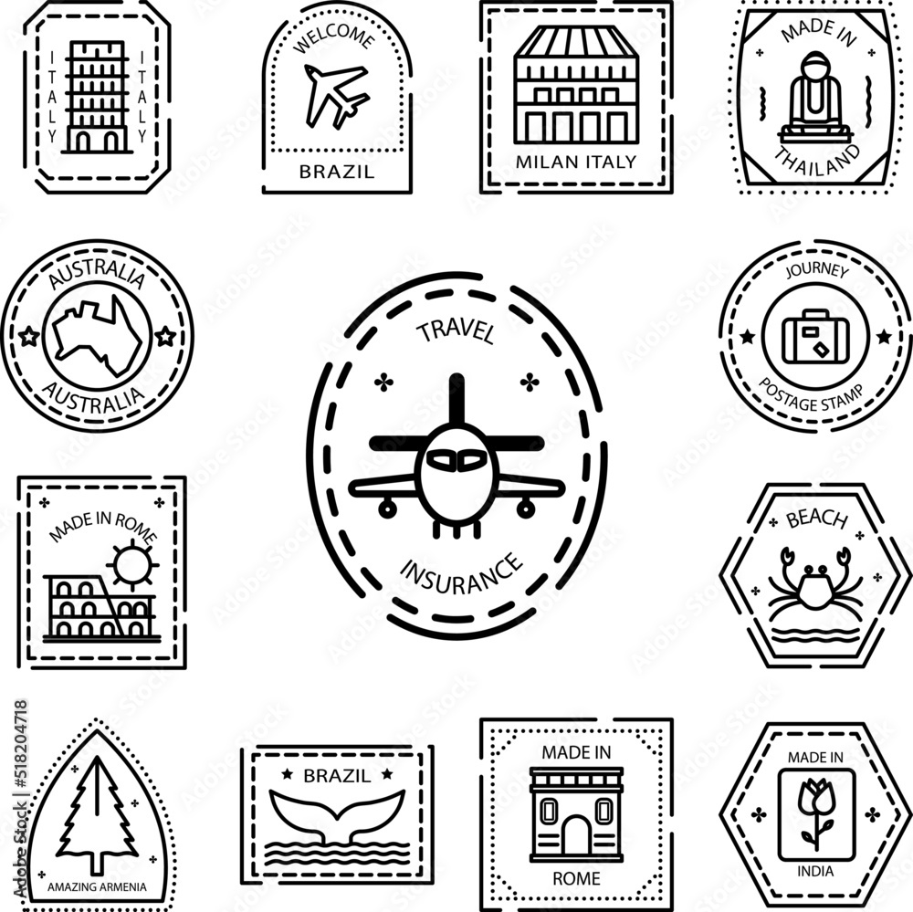 Passport stamp, visa, Insurance, travel icon in a collection with other ...
